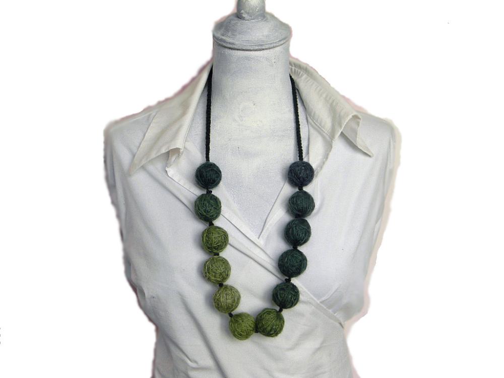Unique Wool Yarn Beads Necklace - Shades Of Green on Luulla