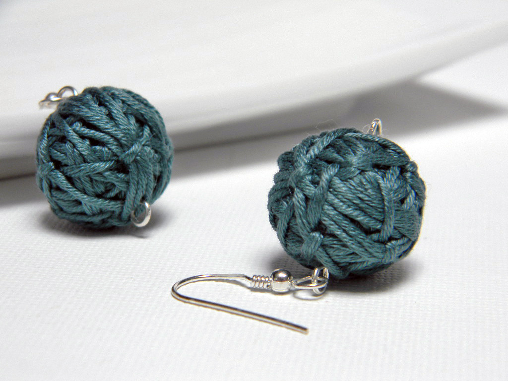 Deep Water Green Cotton Yarn Beads Earrings on Luulla